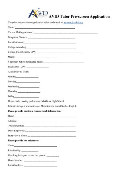 Fillable Online Avid Tutor Pre Screen Application Fax Email Print