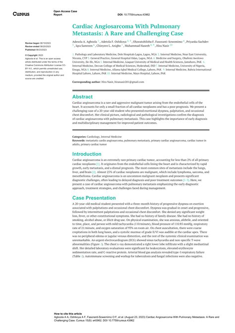 Pdf Cardiac Angiosarcoma With Pulmonary Metastasis A Rare And