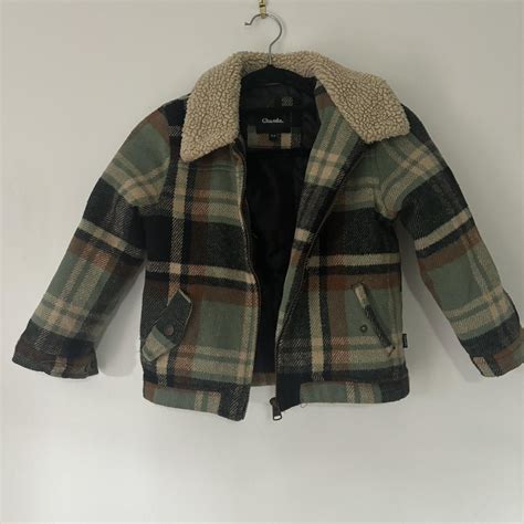 Green And Brown Checkered Jacket With Faux Fur Depop