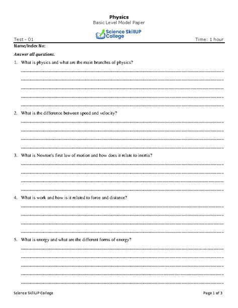 Physics Basic Test Physics Basic Level Model Paper Test 01 Time 1