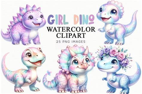 Watercolor Dinosaur Clipart Cute Girl Dino Digital Png