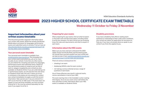 2023 Hsc Written Exam Timetable 2023 Higher School Certificate Exam