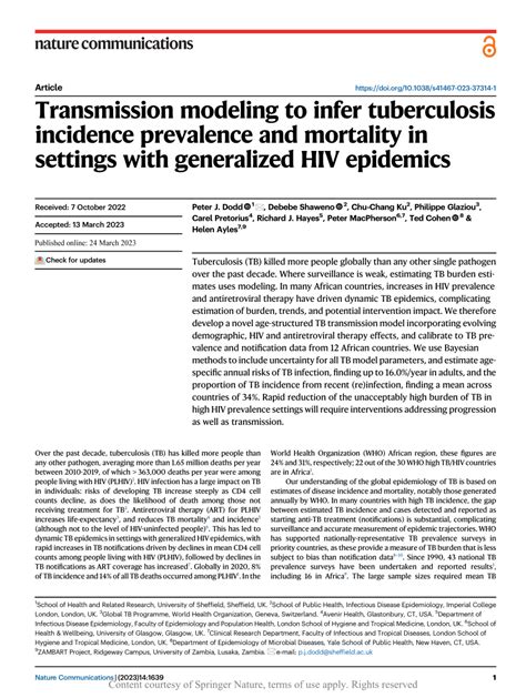 Pdf Transmission Modeling To Infer Tuberculosis Incidence Prevalence