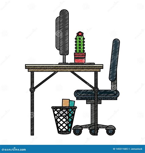 Office With Computer Scribble Stock Vector Illustration Of Mobile