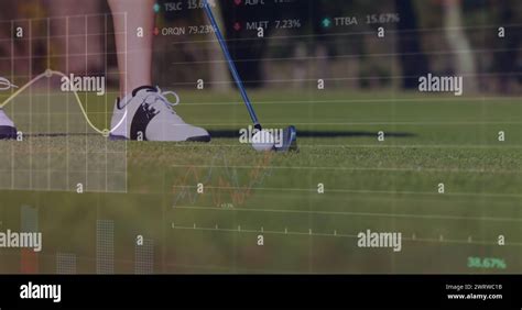 Image Of Data Processing Over Female Golf Player On Golf Course Stock