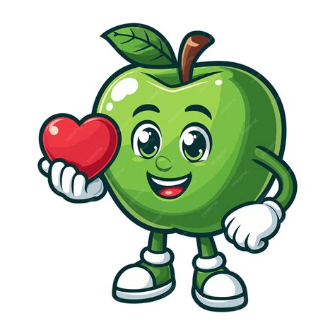 Premium Vector Cartoon Green Apple Character Holding Up A Red Heart