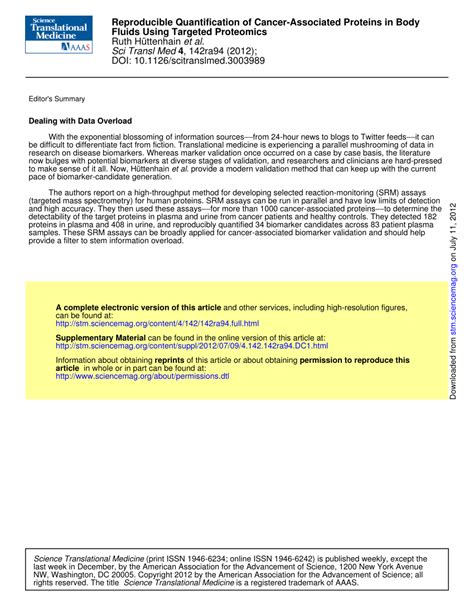 Pdf Reproducible Quantification Of Cancer Associated Proteins In Body Fluids Using Targeted
