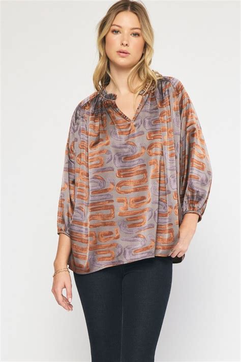 Entro Toffee Swirl Printed V Neck Top With Ruffle Detail Plus Satin