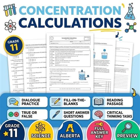 Concentration Calculations Worksheet Alberta Grade 11 Science Practice