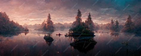 Premium Photo Magical Forest Lake At Dawn In Fantasy Style