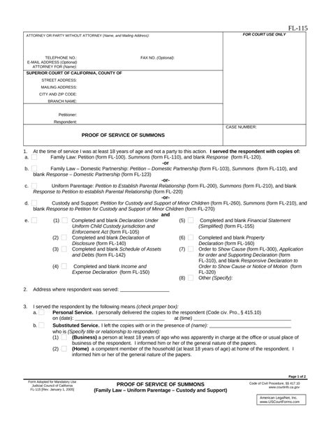California Proof Of Service Of Summons Blank Fillable Template Fill