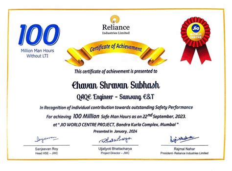 Shravan Chavan On Linkedin 100 Million Safe Man Hours
