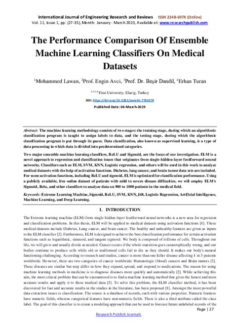 pdf the performance comparison of ensemble machine learning classifiers on medical datasets
