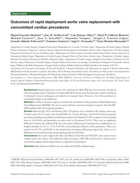 Pdf Outcomes Of Rapid Deployment Aortic Valve Replacement With Concomitant Cardiac Procedures