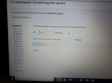 Solved Homework Completing The Square For Extra Chegg