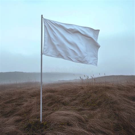 White Flag Symbol Of Surrender Peace And Truce In A Misty Field Stock
