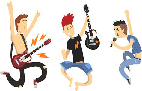록 뮤지션 캐릭터 세트 음악 밴드 멤버는 기타를 연주하고 마이크 만화 스타일 벡터 일러스트와 함께 노래 가수에 대한 스톡 벡터