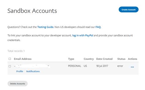 creating sandbox account in paypal developer returns error status