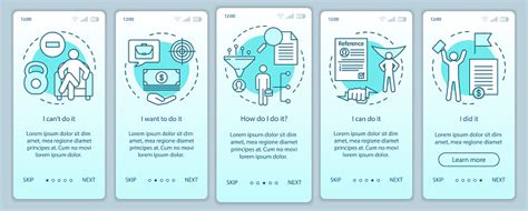 선형 개념으로 모바일 앱 페이지 화면을 온보딩하는 동기 부여 목표 달성 문제 해결 일자리를 얻기 그래픽 지침 단계입니다 Ux