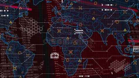 Animation Of Digital World Map With Data Processing Symbols On Red Background Stock Footage