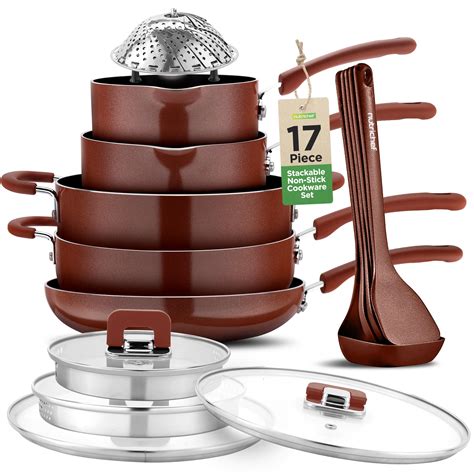 Nutrichef 17pcs Brown Stackable Pots And Pans Set Nonstick