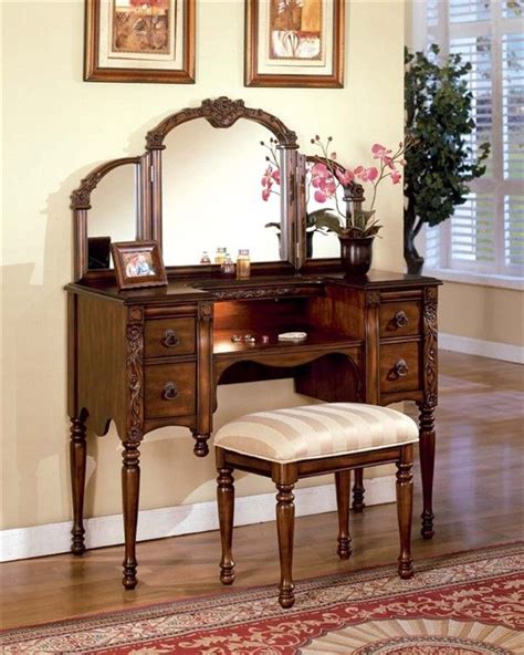 Antique Oak Makeup Vanity Table Set W Mirror Vanity Table Set