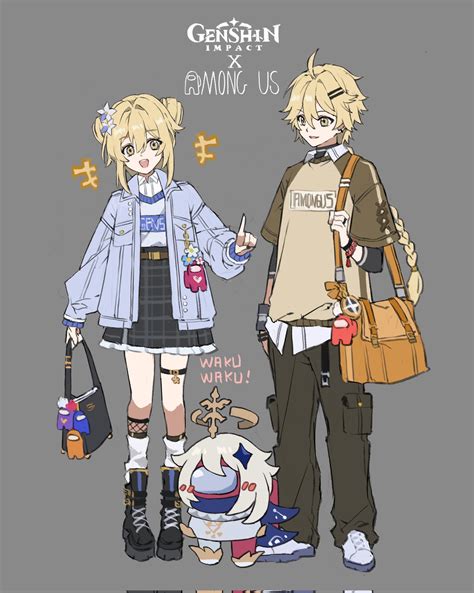 Lumine Aether Paimon And Red Genshin Impact And 1 More Drawn By