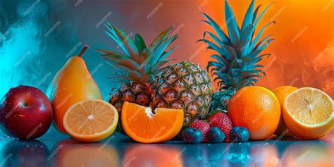 Premium Photo Vibrant Tropical Fruit Assortment On Colorful Misty Background