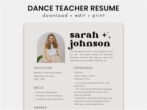 Dance Teacher Resume Template Retro Style Cover Letter Canva Etsy