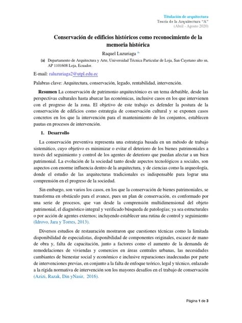 Ensayo Conservación De Edificios Históricos Como Reconocimiento De La Memoria Histórica Pdf