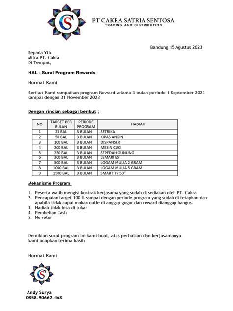 Surat Program Rewards Periode 1 Sep 31 Nov23 Pdf