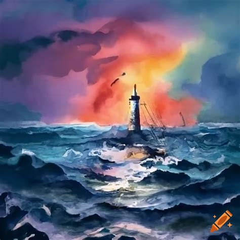 Lighthouse Guiding A Sailboat Through Fiery Skies And Crashing Waves In