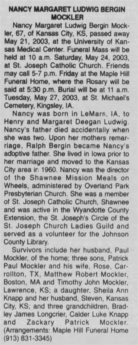 Obituary For Nancy Margaret Ludwig Bergin Mockler Aged 67 ™