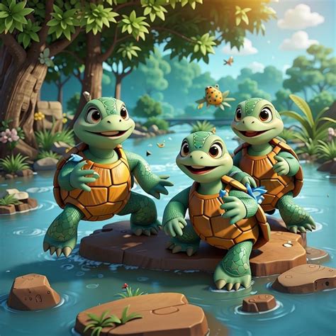 Funny Turtles Playing In The River Illustration Premium Ai Generated