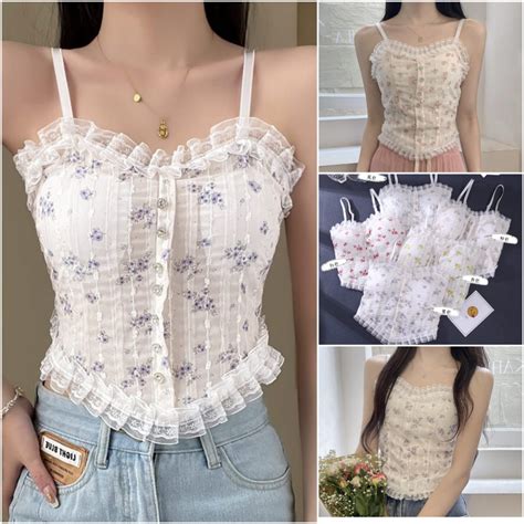 Jual Tank Top With Cup Bra Motif Bunga Vintage Fit M Xl Crop Top With
