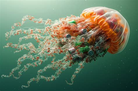 Plastic Pollution Forms A Jellyfish Like Creature In The Ocean Stock