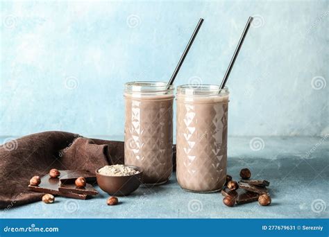 Glasses Of Protein Shake On Color Background Stock Image Image Of