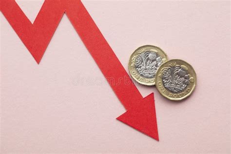 British Pound Sterling Coins With A Red Downward Arrow Uk Economic