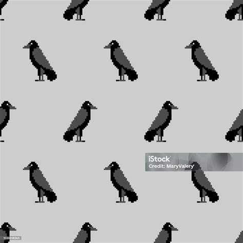 Ilustración De Pixel Art Black Raven Pattern Sin Costuras Pixelado Símbolo Del Cuervo Negro De