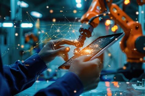 Premium Photo Industrial Engineer Manages Robotics With Ai And