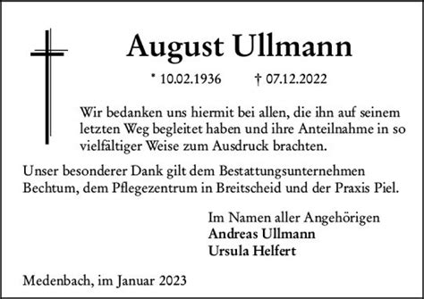 Traueranzeigen Von August Ullmann Vrm Trauerde