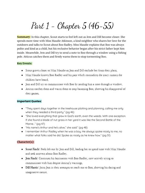 To Kill A Mockingbird Notes Part 1 Chapter 5 Pdf