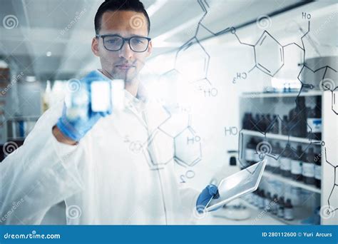 Science Tablet And Man With Chemistry Formula For Medical Research Equation And Solution