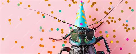 Premium Photo Cockroach With Party Hat And Sunglasses On Pink