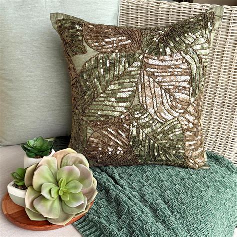 The Homecentric Olive Green Shams Sequins Beaded Antique Botanical