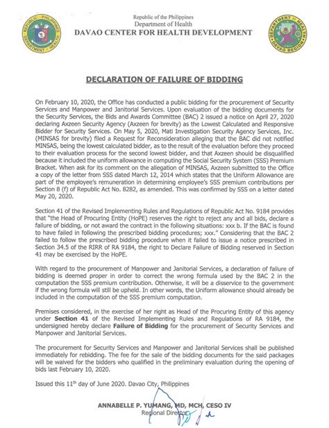 Dohro11 Procurement Bac Announcement Declaration Of Failure Of Bidding