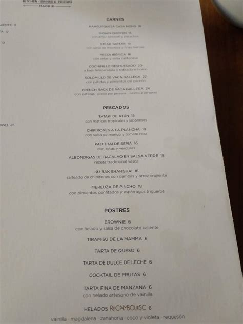 Carta De Restaurante Casa Mono Madrid