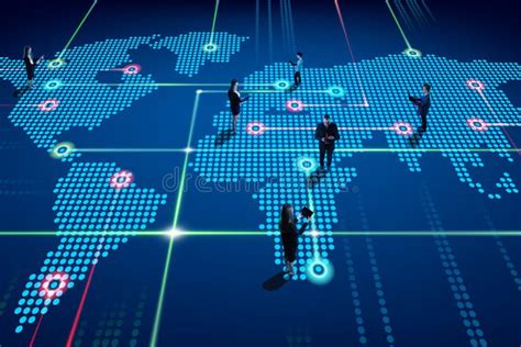 Business Users Standing On Digital Map With Light Nodes Representing Data Points Network