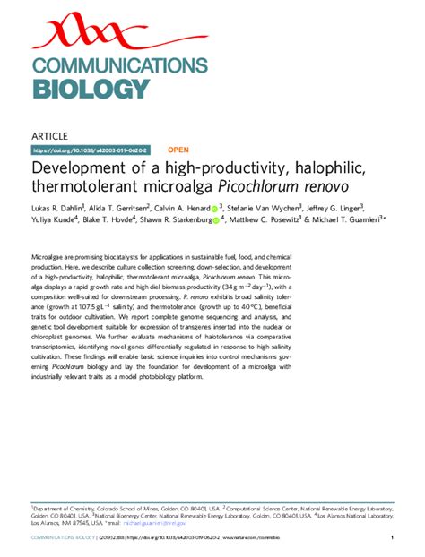 Pdf Development Of A High Productivity Halophilic Thermotolerant