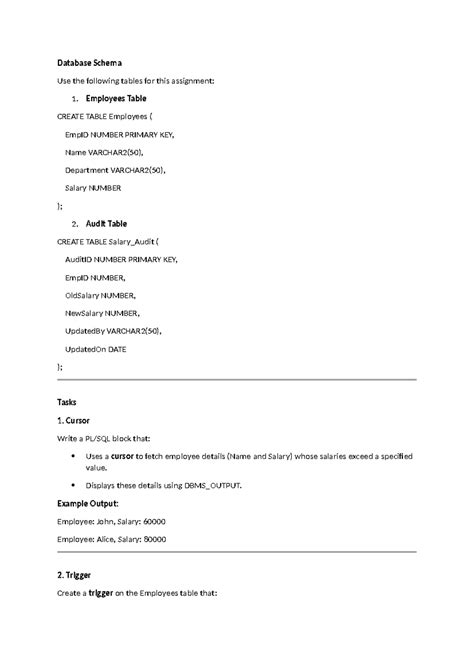 Plsql Cursor Proceduretrigger Database Schema Use The Following Tables For This Assignment